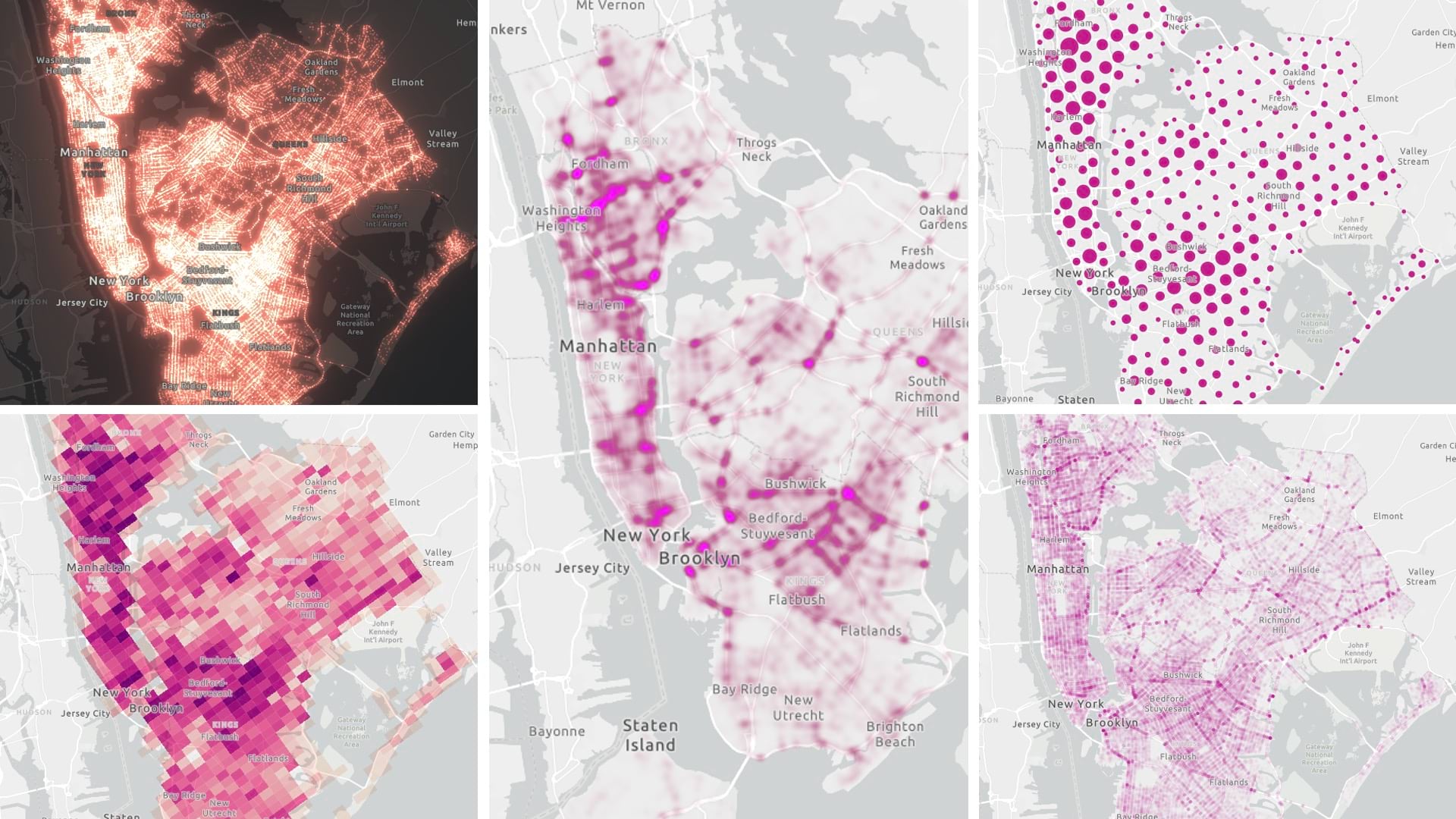 Five ways to visualize point density using the same dataset